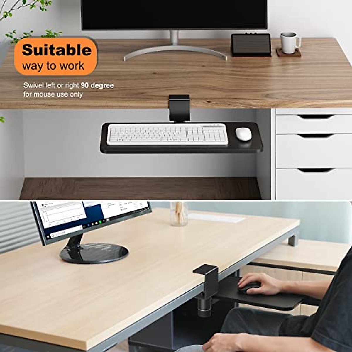Rotating Keyboard Tray Under Desk - Klearlook PU Leather Keyboard Drawer Adjustable C Clamp,Ergonomic Mouse Keyboard Platform Extender,No Drilling,Easy Install Keyboard Stand,23.62"x 9.84"Inch-Black