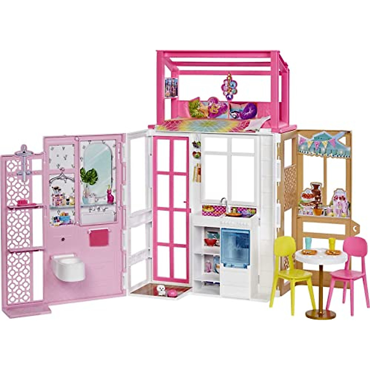 Barbie Doll House with Furniture & Accessories Including Pet Puppy, 4 Play Areas (Kitchen, Loft Bed, Bathroom & Dining Room) Small