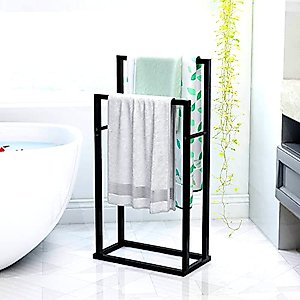 Metal Towel Racks Stand Bathroom freestanding Towel Racks for Bathroom Outdoor Towel Rack Standing Towel Rack 2 Bars Freestanding Drying Shelf Washcloths Holder Black