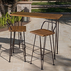 Christopher Knight Home Denali Outdoor Industrial Acacia Wood Bar Set with Finished Iron Frame, Teak Finish / Rustic Metal