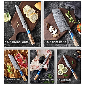 XT XITUO Kitchen Chef Knife Set 7 Piece, Chef Knife, 8'' Bread Knife, 7''Santoku knife Damascus Steel-VG10 Blue Resin Wood Handle -Gift Box - w/knife Sheath (7PC Chef Knife Set)