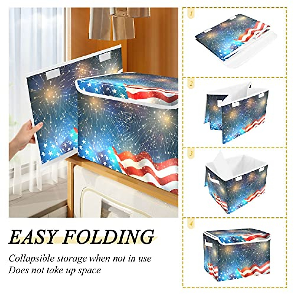 innewgogo Patriotic Usa Flag Storage Bins with Lids for Organizing Storage Bin with Handles Oxford Cloth Storage Cube Box for Bed Room