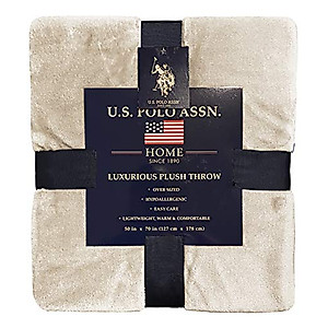 U.S. Polo Assn. Super Soft Oversized Bed & Couch Throw Blanket, Fuzzy Warm Lightweight Flannel Throws, All Season Plush Fleece Comfort, 50x70in, Beige