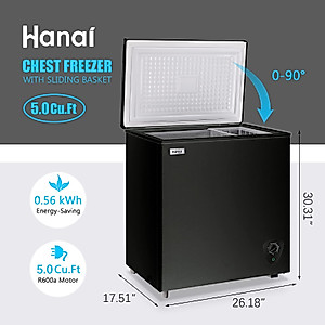 Chest Freezer 5.0 Cu.Ft Small Deep Freezer Black Top Door Mini Freezer with Removable Basket, Low Noise, 7 Adjustable Temperature and Energy Saving Perfect for Home Garage Basement Dorm or Apartment