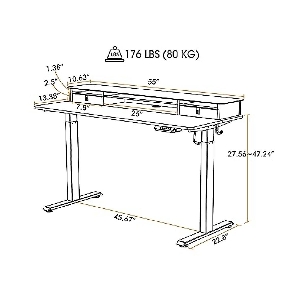 FEZIBO Electric Standing Desk with Double Drawers, 55 x 24 Inch Glass Top Monitor Stand Adjustable Sit Stand Desk with Storage Shelf, White Frame/LightWalnut Top