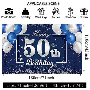 50th Birthday Decorations Banner Men, Blue Silver Happy 50th Bday Decorations for Men, 50th Birthday Decorations Men Blue, 50 Year Old Photography Background