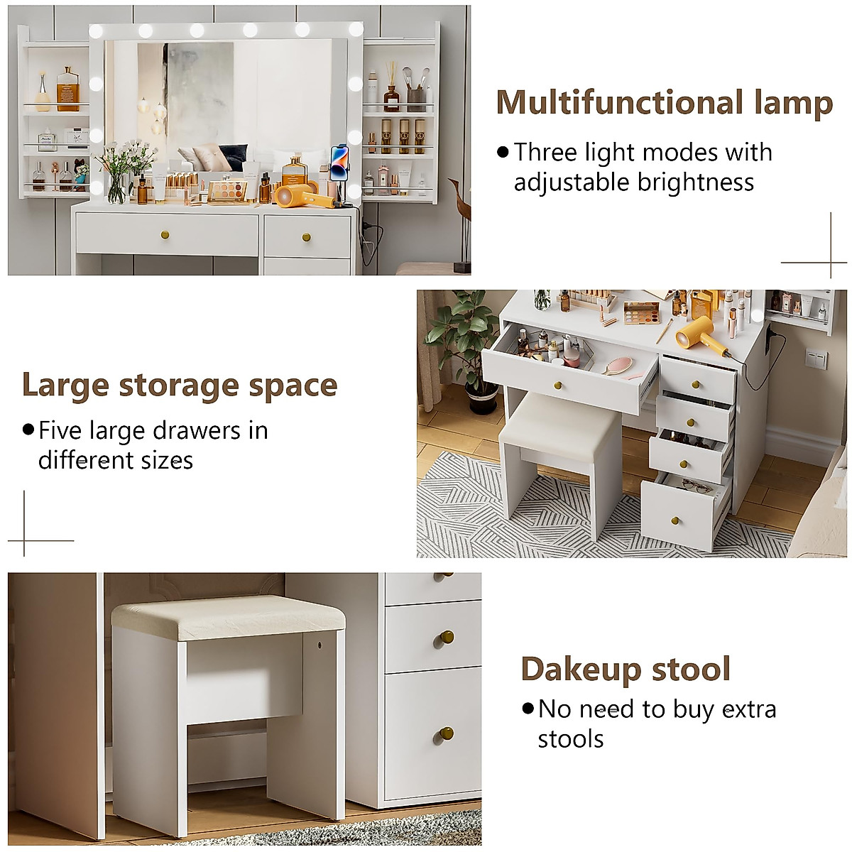 PAKASEPT Makeup Vanity Desk with Lighted Mirror and Charging Station, 39.4" White Vanity Table with 3 Lighting Colors, Hidden Sliding Shelves, 5 Drawers & Stool, Vanity Set for Bedroom