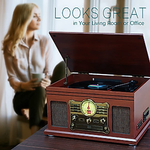 3-Speed Bluetooth Turntable with Stereo Speakers, CD/Cassette Player, FM Radio and Wireless Music Streaming - Mahogany