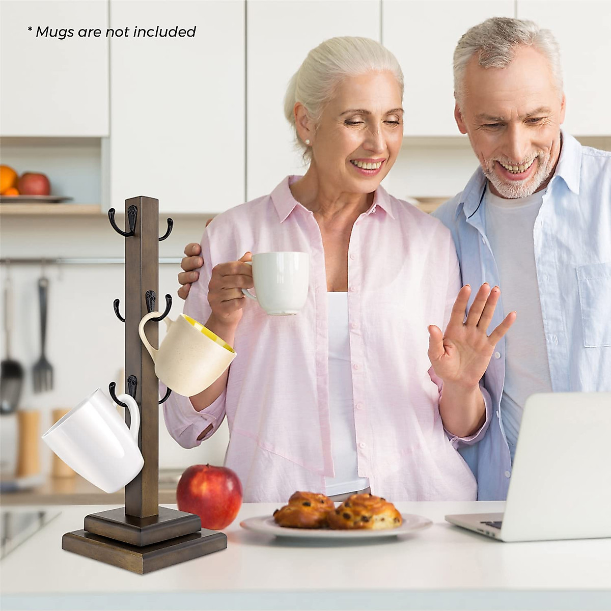 FABILE Coffee Mug Holder with 360 Degree Turn, Coffee Mug Tree, Rotated Solid Wooden Coffee Cup Holder Tree with 6 Metal Black Hooks, Mug Hanger for Kitchen Organizer (Walnut Color)