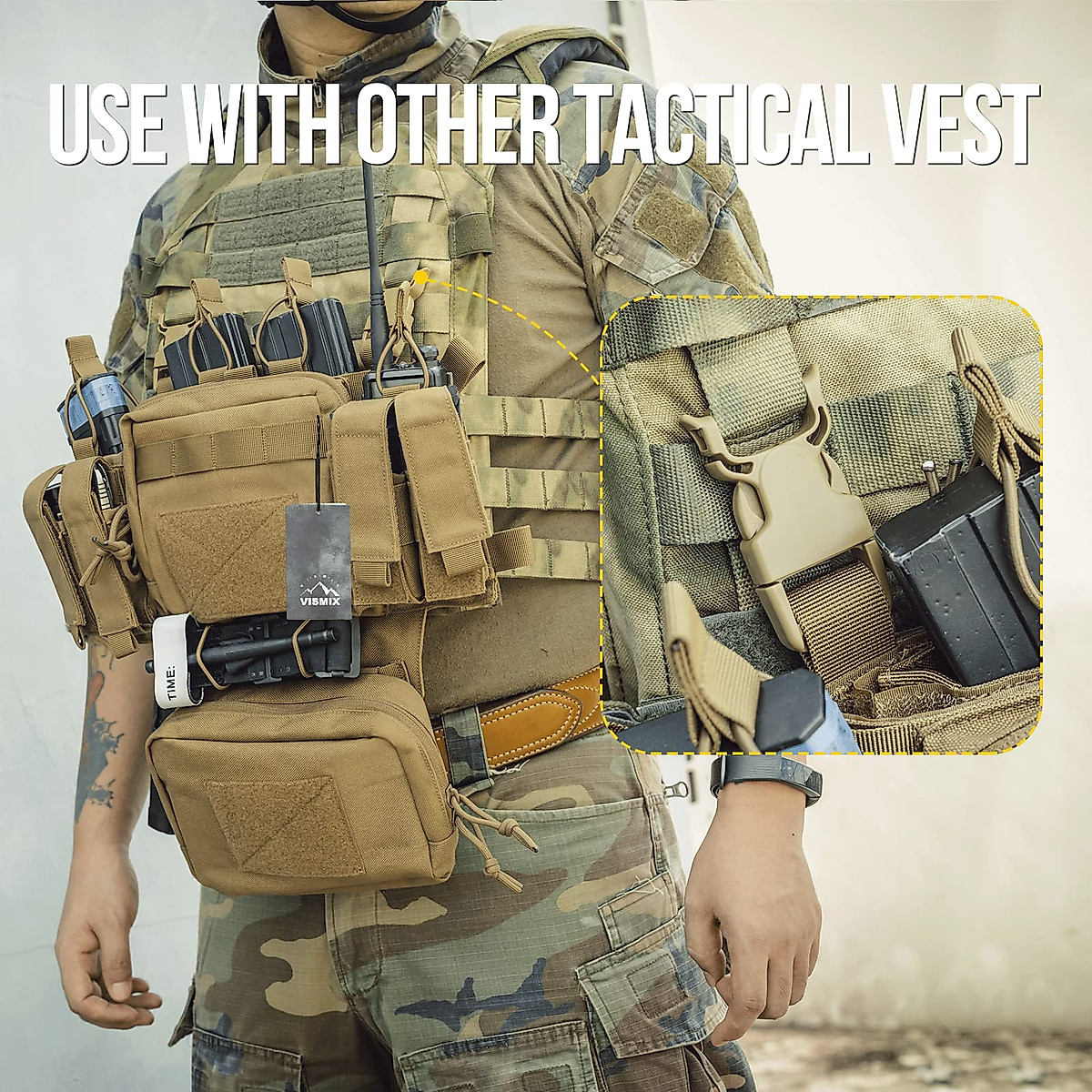 VISMIX Tactical Chest Rig, Adjustable & Detachable Chest Rig Molle Military Chest Bag Pack with Magazine Pouch for Men Hunting Shooting Coyote Brown