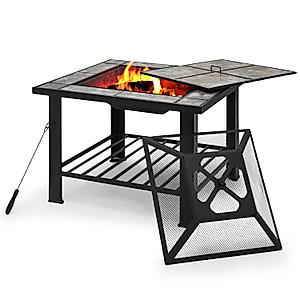 MoNiBloom 30" Square Fire Pit Table Outdoor Metal Protable Firepit with Charcoal Rack Mesh Cover Wood Burning Fireplace for Patio Backyard Picnic Garden, Black