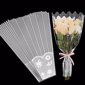 150 Pieces Flower Bouquet Bag Plastic Wrapping Bags Clear Floral Bouquet Sleeve with Strip and Lace Decor Disposable Cellophane Sleeves Transparent Flower Bouquet Packaging Bags for Wedding, Birthday