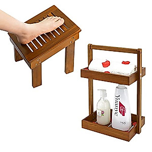 Utoplike Teak Wood Shower Foot Stool for Shaving Legs 2 Tier Shower Caddy Organizer