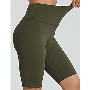ZUTY 10"/ 5" Biker Shorts Women High Waisted with 2 Hidden Pockets Workout Athletic Running Yoga Long Shorts Army Green M