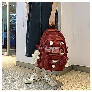 FOMEEX Kawaii Backpack with Pins Bear Pendant Cute Aesthetic Japanese School Bags Kawaii School Supplies Preppy Korean Stationary (Wein Red), One Size