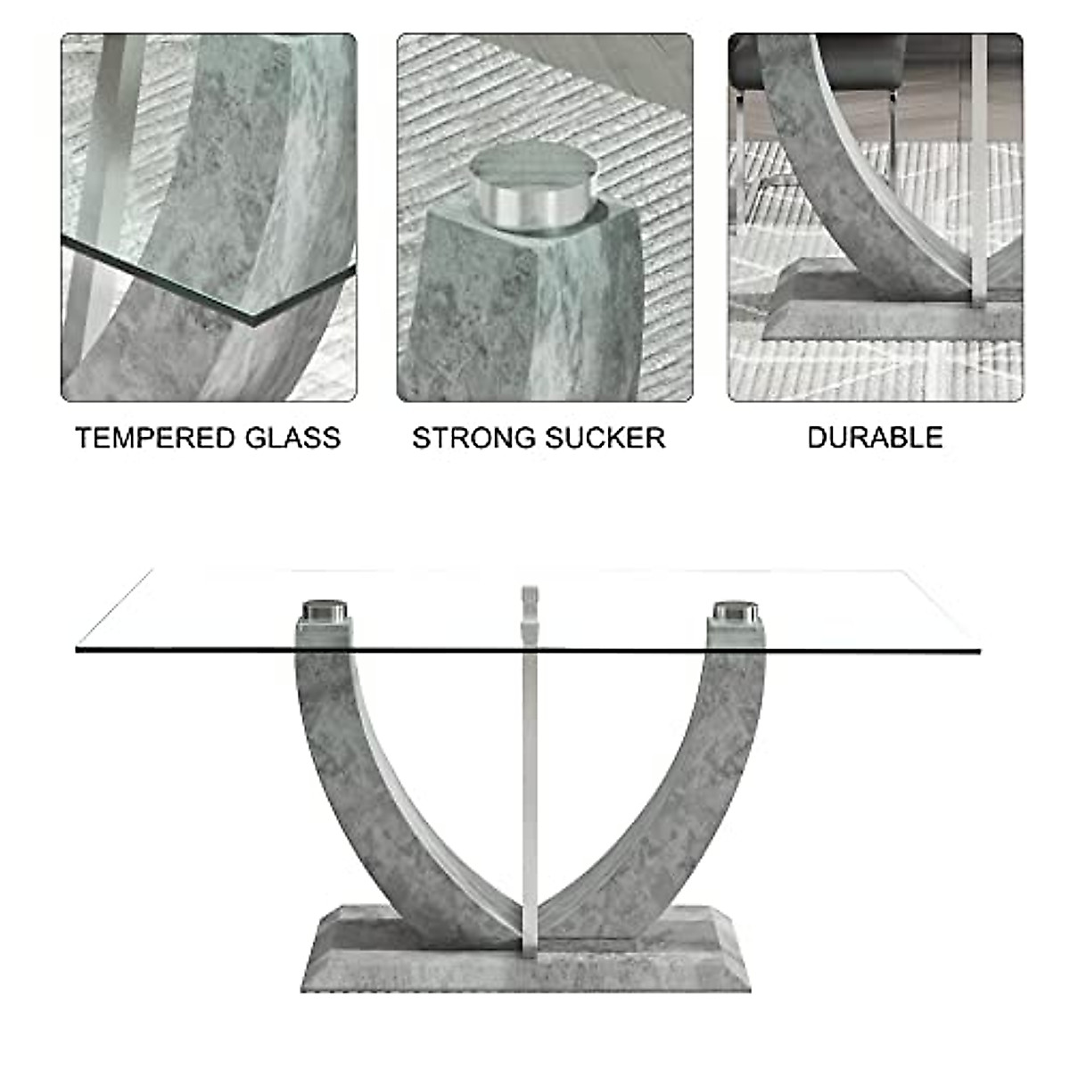 JUFU 67" Glass Dining Room Table Set for 6,Big Modern Rectangular Tempered Glass Dining Table Top Thick 0.39",7 Piece Dining Table with 6 Pcs Leather Dining Chairs