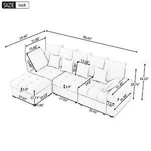 P PURLOVE Modern Sectional Sofa with Convertible Ottoman, Chenille 4-Seat L-Shape Couch with Pillows for Living Room, Apartment, Office, 3 USB Ports (Grey)