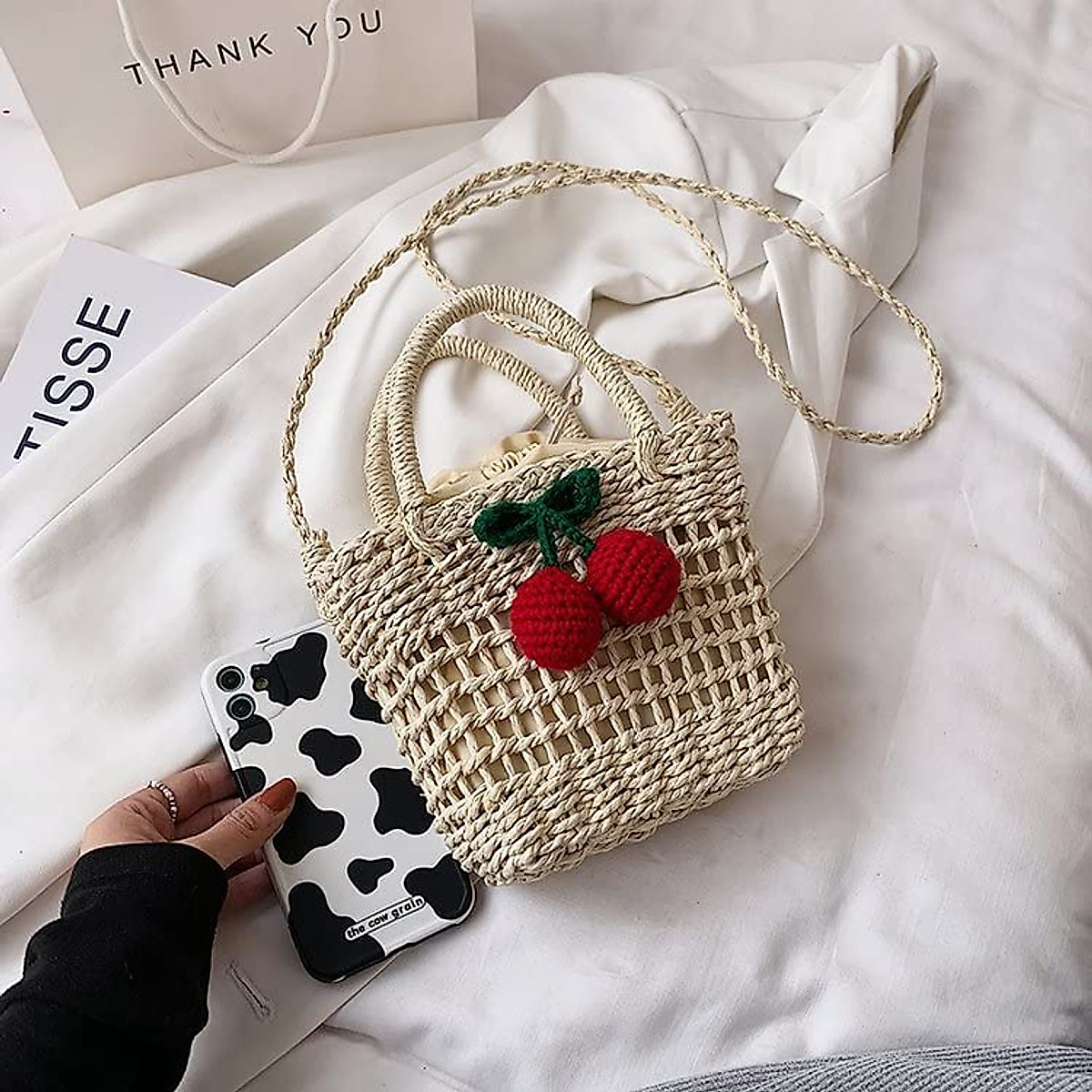 Straw Bags for Women Summer Beach Bag Handwoven Tote Bag Crossbody Bag Boho Style Clutch Purse for Travel Daily Use-White