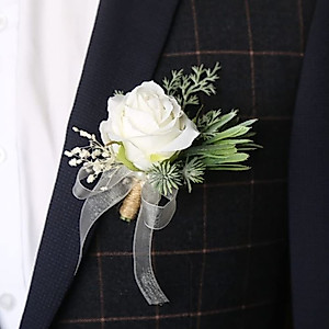 Corsage and Boutonniere Set,2PCS Artificial Rose Wrist Corsage Wristlet,for Wedding Bridal Bridesmaid Wrist Corsage Corsage Ball Decoration (White)