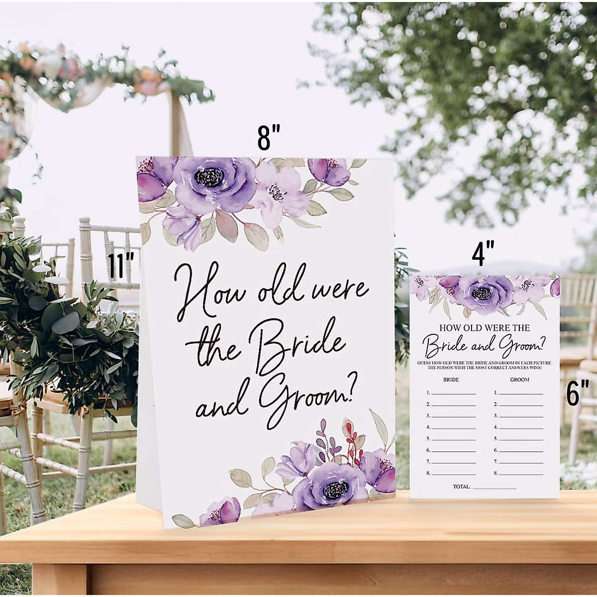 UHADRE Floral How Old were The Bride and Groom Game, Guess The Age Photo Game, Purple Bridal Shower Wedding Shower Game (1 Sign and 30 Cards)-BNG30