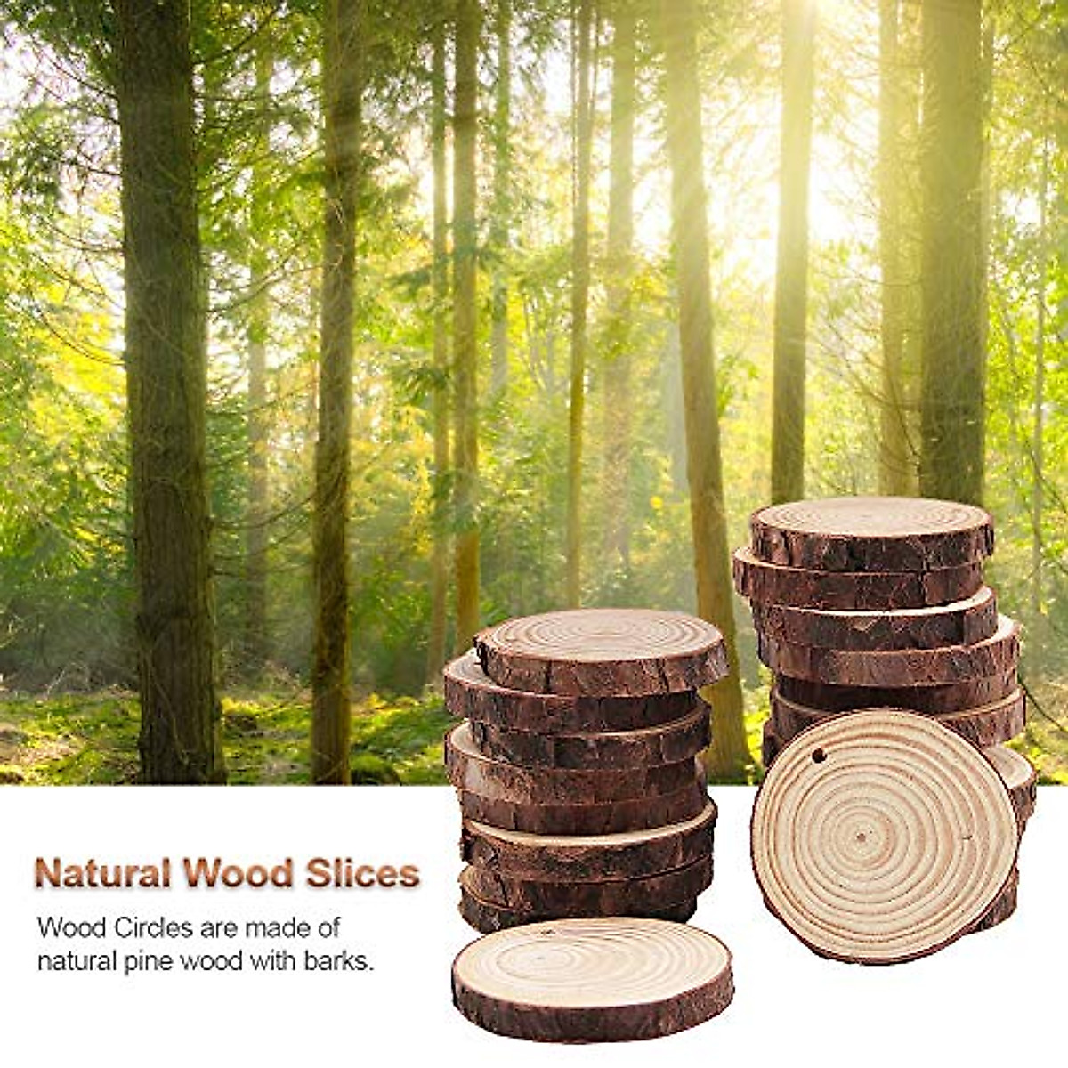 ATDAWN Natural Wood Slices with Holes, 30 Pcs Unfinished Wooden Circles, Craft Wood kit, Christmas Ornaments DIY Crafts (2.4"-2.8")