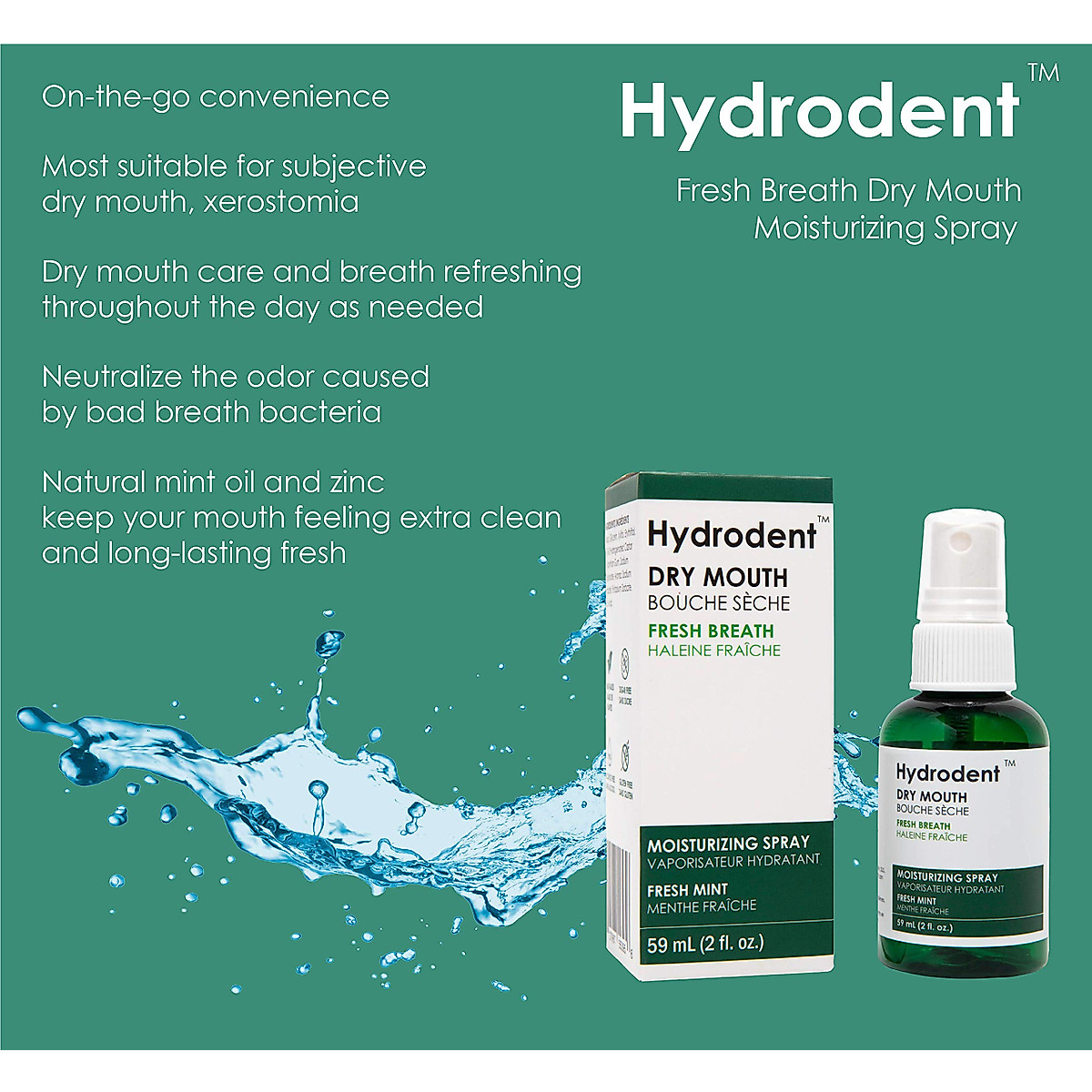 Hydrodent Fresh Breath Dry mouth Moisturizing Spray, Fresh Mint, Natural, 2 oz