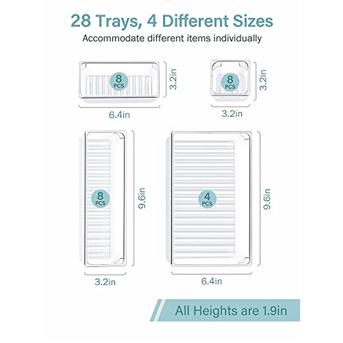 Kootek 28 Pcs Drawer Organizer, 4 Sizes Bathroom Drawer Organizers Trays Clear Plastic Makeup Organizer Vanity Dividers Desk Storage Bins for Jewelry, Kitchen, Bedroom, Office