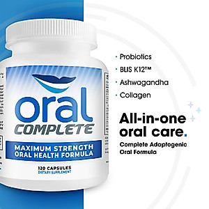 Oral Complete 11-in-1 Dental Probiotics, Bad Breath Treatment Halitosis Tonsil Stone with Non-GMO with BLIS K12, Ashwagandha and Collagen, 120 Capsules