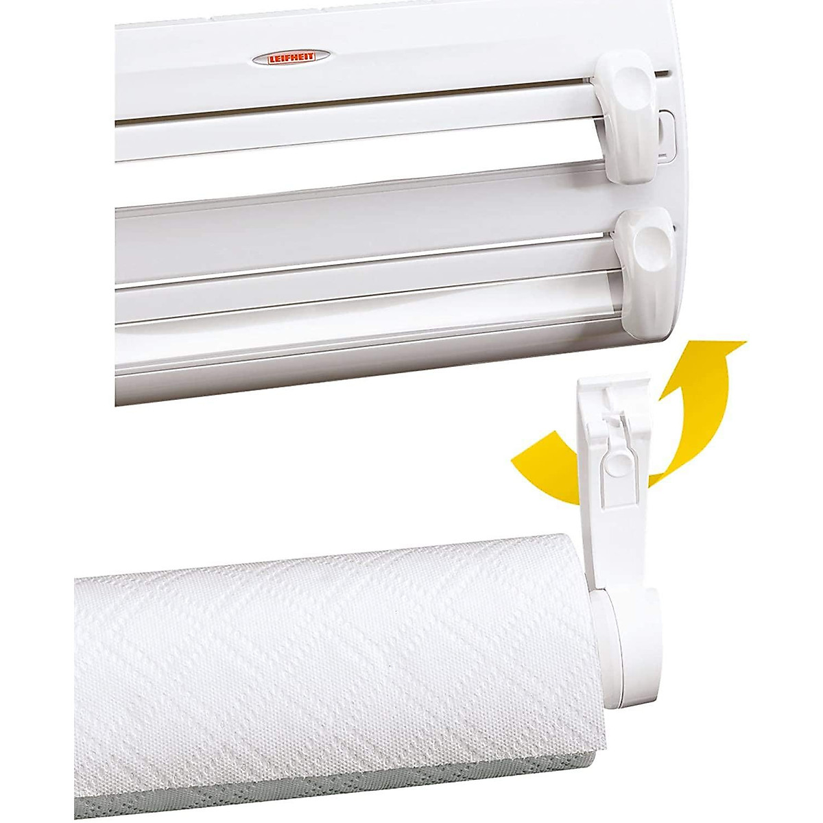 Leifheit 25771 4-in-1 Wall-Mount Paper Towel Holder | Plastic Wrap and Foil Dispenser with Spice Rack | White