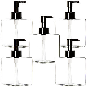 Youngever 5 Pack Clear Plastic Square Pump Bottles, Refillable Plastic Pump Bottles for Dispensing Lotions, Shampoos (12 Ounce)