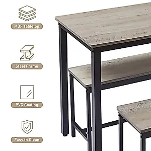 SumKea 3-Piece 4 Bar 2 Dining Benches, 43.3'' Wood Kitchen Table & Chair Set for Breakfast Nook and Small Space, Grey