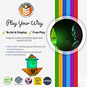 Tytan Tiles Glow in The Dark 60-Piece Magnetic Tiles Building Set, Diverse Multi-Color Shapes, STEM Toy, Cars, Creative Play, Storage Bag & UV Keychain Flashlight for Drawing on Tiles, Ages 3 and Up