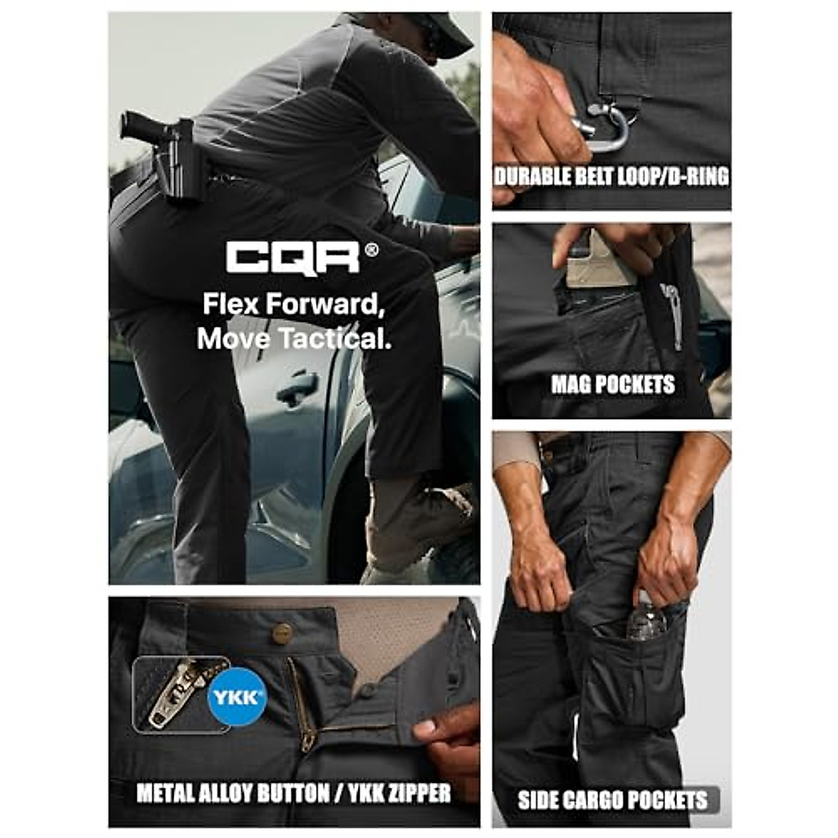 CQR Men's Flex Ripstop Tactical Pants, Water Resistant Stretch Cargo Pants, Lightweight EDC Hiking Work Pants, Dura Flex Mag Pocket Black, 38W x 34L