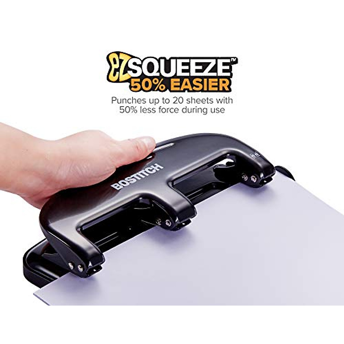 Bostitch Office EZ Squeeze 20 Sheet Standard 3 Hole Punch, Metal Construction, Silver/Black (HP20)