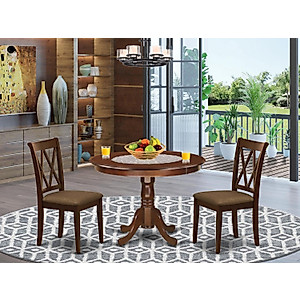 East West Furniture HLCL3-MAH-C 3 Piece Dining Room Furniture Set Contains a Round Kitchen Table with Pedestal and 2 Linen Fabric Upholstered Dining Chairs, 42x42 Inch, Mahogany