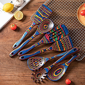 Gudamaye Pakkawood 7-Piece Blue Wooden Cooking Utensils, Wooden Spoons for Cooking, Wooden Spoon Set, Wooden Kitchen Utensil set, Pakkawood Cooking Spoons, Non-Stick Spoon,Pakkawood kitchen utensils