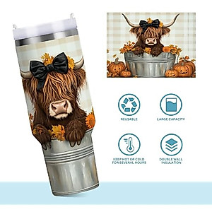 RPLIFE Highland Cow Sitting in Old Silver Stainless Steel Coffee Mug, Insulated Cup with Straw, Tumbler for Men