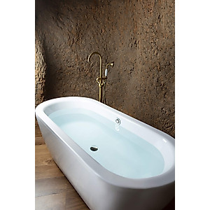 SITGES Solid Brass Freestanding Bathtub Faucet, Bathroom Floor Mount Tub Filler, Dual Function Double Cross Handle with Ceramic Hand Shower, Brushed Gold