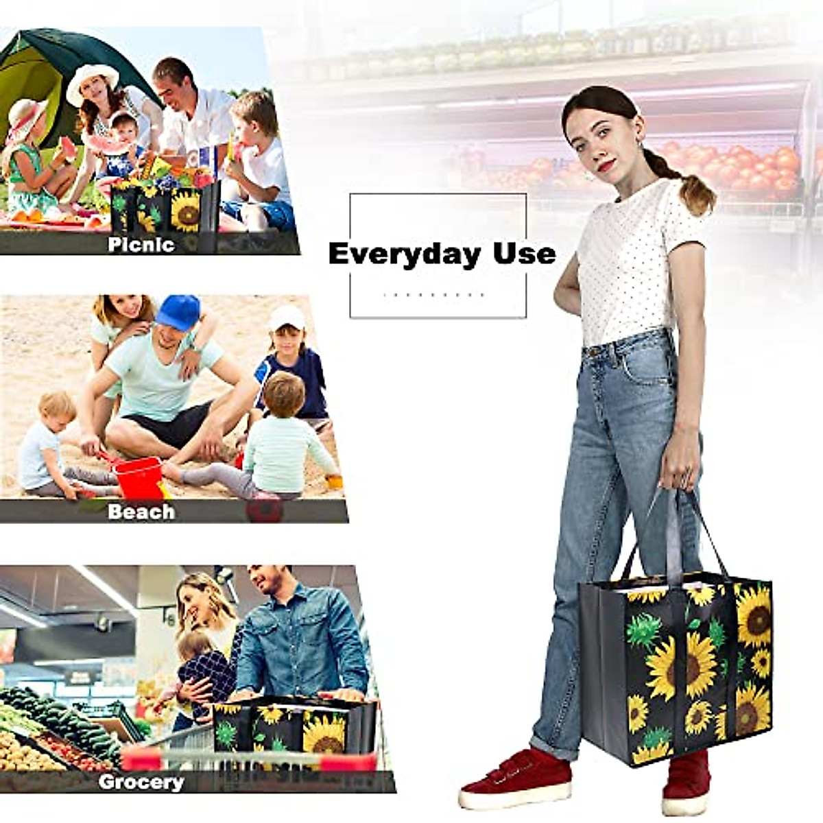 BeeGreen Flowers Extra Large Tote Bag Reusable Bags 12 Pack with Reinforced Handles And Removable Bottom Foldable Bulk for Christmas Kitchen Groceries Heavy Duty Shopping Bags Reusable Produce Bags