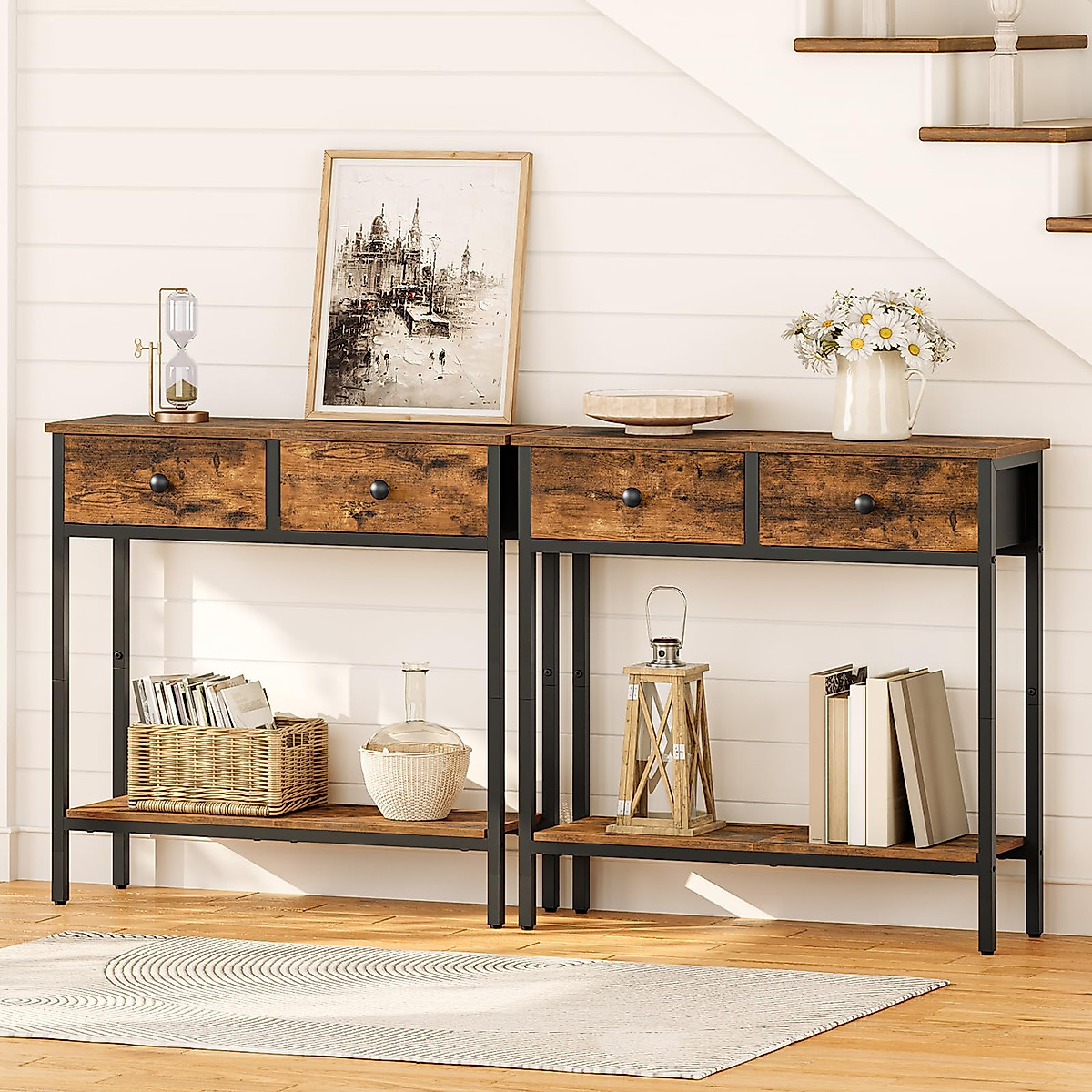 HOOBRO 29.5" Narrow Console Table with 2 Fabric Drawers, Small Entryway Table with 2-Tier Storage Shelves, Thin Sofa Table, Side Table, for Living Room, Hallway, Rustic Brown and Black BF71XG01