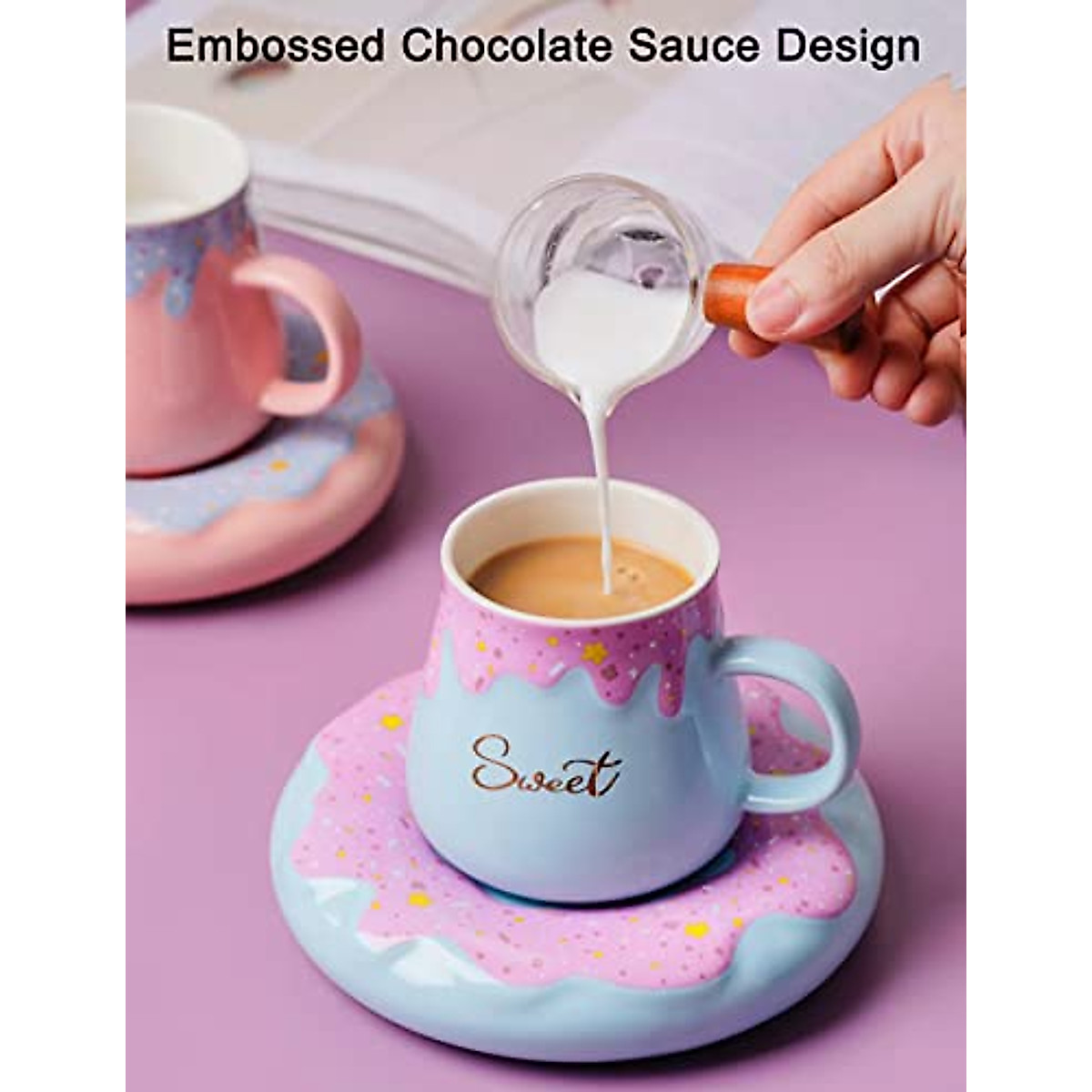 SISETOP Novelty Espresso Cups and Saucers, Ceramic Donut Mug, 9.5oz Creative Cute Cups, Unique Coffee Mug with Spoon for Gift, Kids, Adults, Birthday