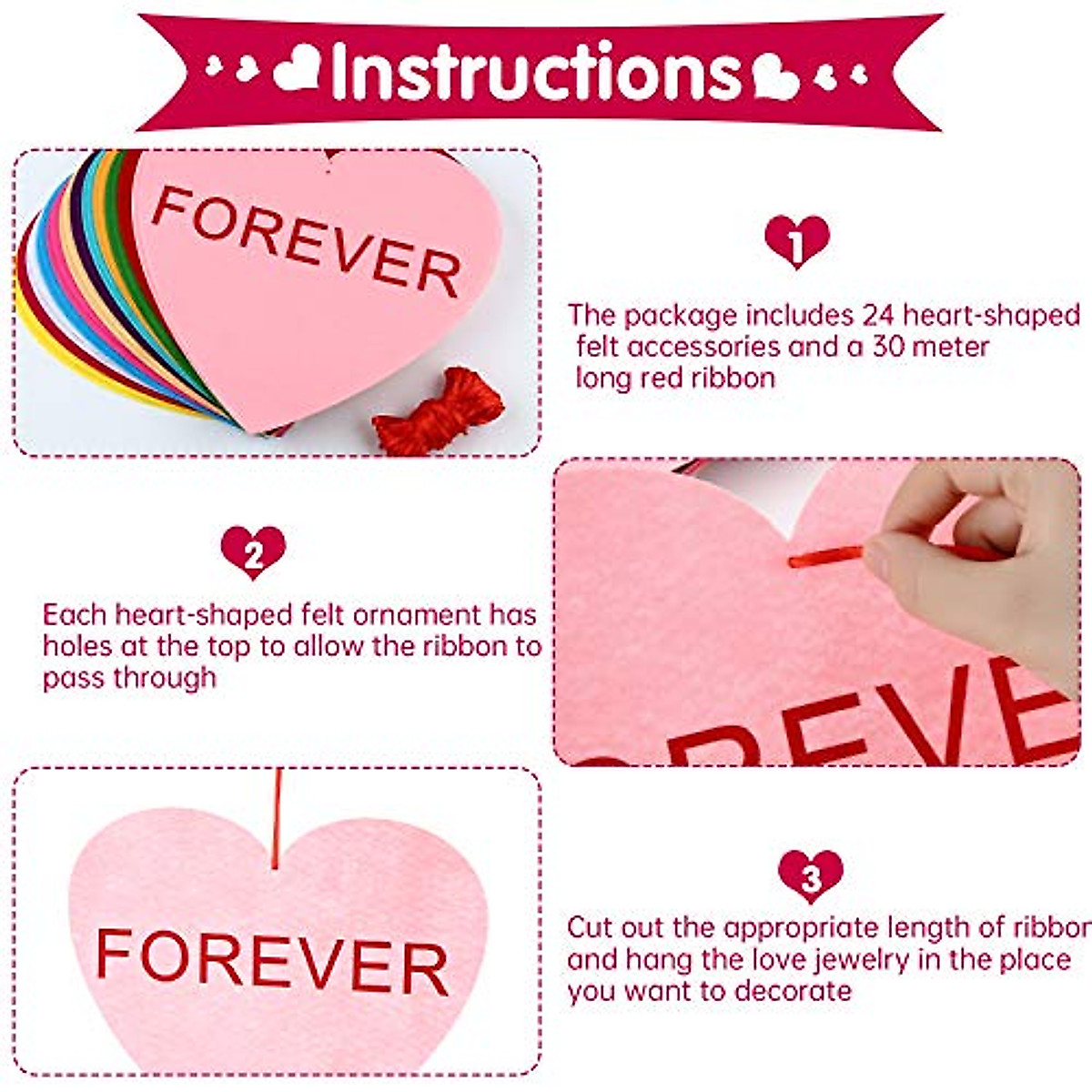 Tatuo 24 Pieces Valentine's Day Conversation Heart Felt Garland Heart Shaped Hanging Garland Yard Sign Outdoor Lawn Decoration with Red Ribbon for Valentine's Day Wedding Parties Decorations