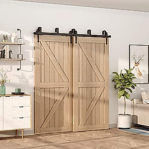 ZEKOO 8FT Bypass Barn Door Hardware Kit Double Bypass Barn Door Hardware Double Track Black Roller Hanger