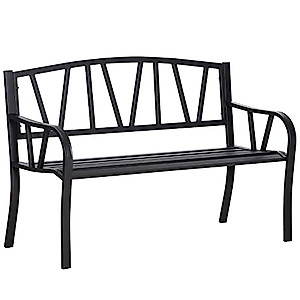 Outsunny 2-Seater Outdoor Garden Patio Bench with a Solid Metal Build, Decorative Backrest, & Ergonomic Comfort Armrests