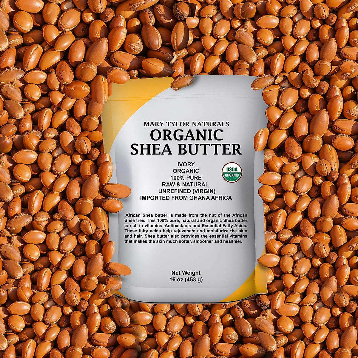 Mary Tylor Naturals Organic Shea butter 1 lb — USDA Certified Raw, Unrefined, Ivory From Ghana Africa — Great for Hair, Skin and all your DIY Projects