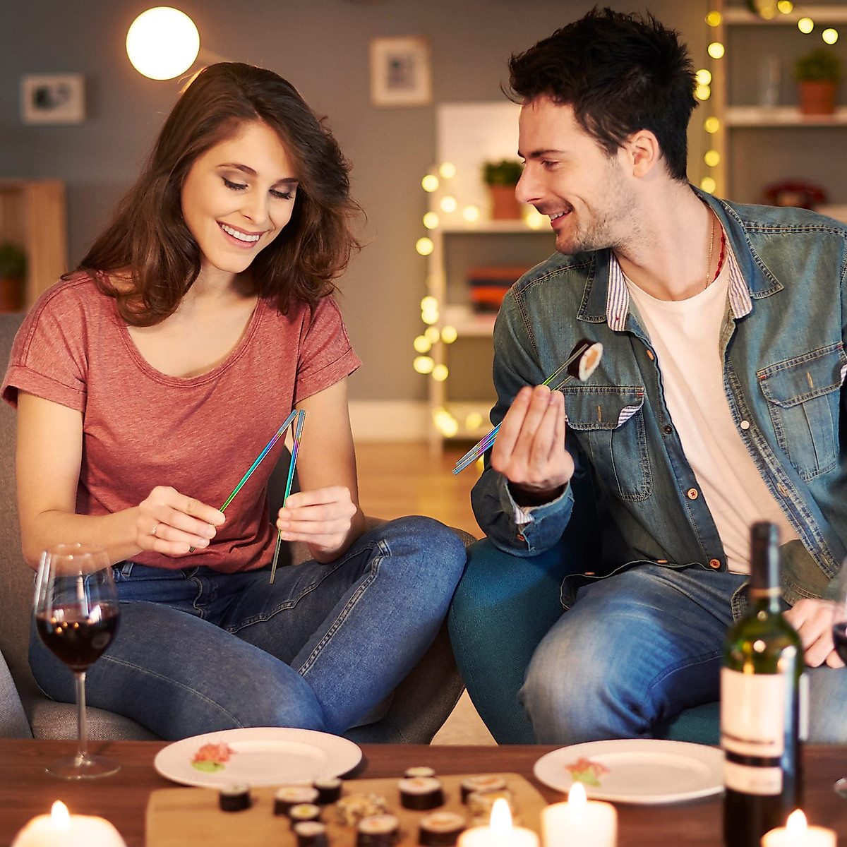 EMRSTORES Stainless Steel Chopsticks -Premium Metal Chopsticks with Titanium Plating - 5 Pairs Dishwasher Safe Chopsticks Reusable - Easy to Use - Square Lightweight Chop Sticks Gift Set