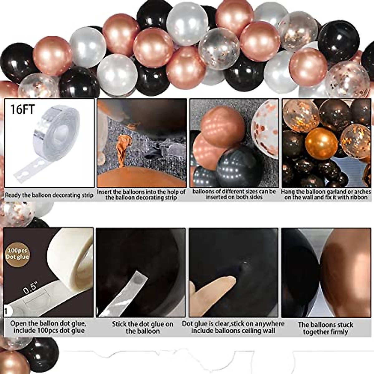 Rose Gold Black Happy 50th Birthday Extra Large Background Banner with 50pcs Metallic Shiny Latex Balloons for 50th Birthday Party Backdrop Decoration Supplies
