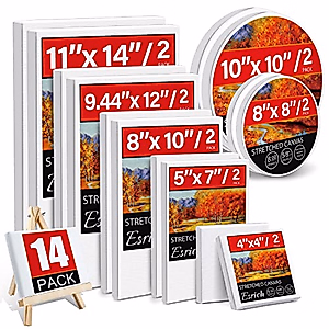 14 Packs Stretched Canvases for Painting,Multi Pack 11x14, 9.44x12, 8x10, 5x7, 4x4, Round Canvas with 8x8,10x10(2 of Each), Blank Primed Canvas for Oil Paint,Acrylic Paint,for Beginner,Artist.
