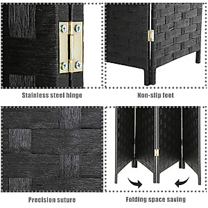 Her Majesty Room Divider Wood Screen 4 Panel Divider Wood Folding Portable Partition Indoor Furniture Screen Partition Frame Home Decor Mesh Woven Design Room for Home Office, Black