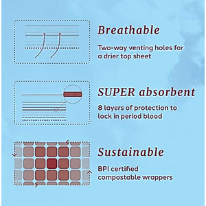 August Organic Menstrual Night Pads, 100% Certified Organic Cotton, Compostable Wrappers, Toxin Free, Fragrance Free, Hypoallergenic, 32 Pads